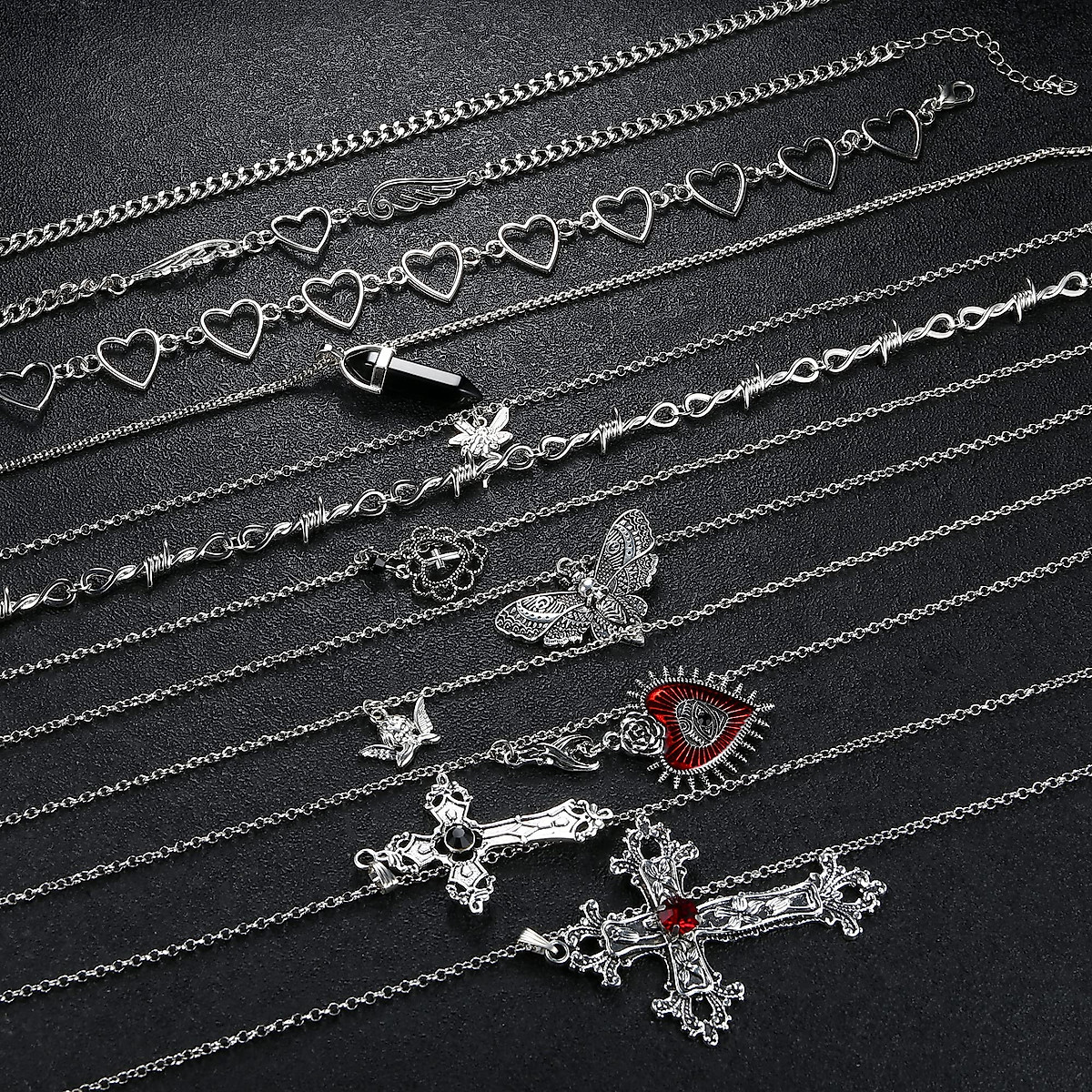FIASASO 12Pcs Grunge Goth Necklace Set for Women Teen Cool Y2k Grunge Jewelry Gothic Cross Evil Eye Butterfly Crystal Angel Heart Wing Chain Choker Necklace Y2k Accessories silver