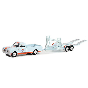 Greenlight 32270-A Hitch & Tow Series 27 - 1968 Chevy C-10 Shortbed Gulf Oil and Gulf Oil Tandem Car Trailer 1/64 Scale