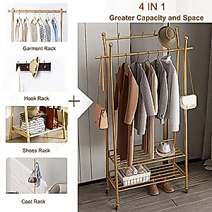 HEONITURE Gold Clothing Rack with Shelves, Rolling Garment Rack for Hanging Clothes, Heavy Duty Choset Clothes Rack for Indoor Bedroom Sturdy Steel Frame（31.5"）