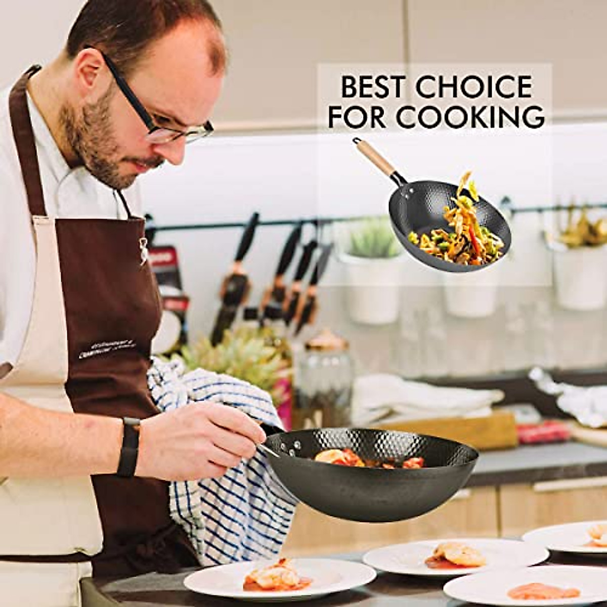Carbon Steel Wok, 7 Pcs Wok Pan with Wooden Lid & Handle Stir-Fry Pans 12.8" Chinese Wok Flat Bottom Wok with Cookware Accessories Suitabe for all Stoves (Black)