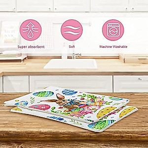 Easter Kitchen Towels Set of 2, Easter Kitchen Decor with Rabbit Bunny Flower Easter Egg, Decorative Dish Towel Dishcloths Multi-use Tea Towel, Reusable Drying Hand Towel 18x28” Home Bathroom Decor