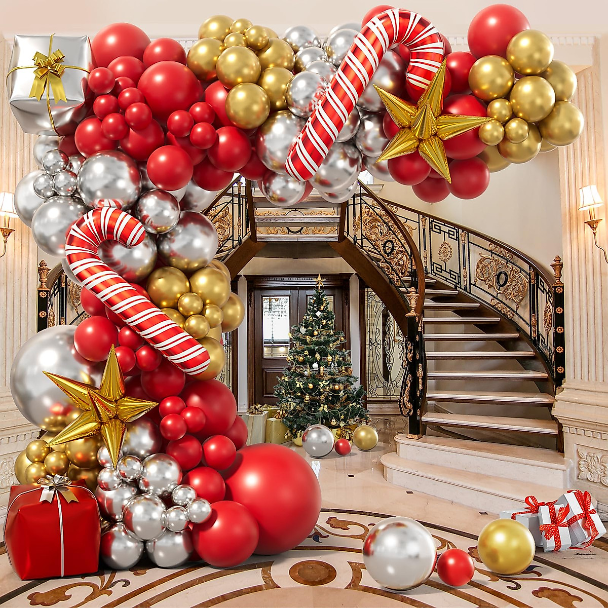Bonropin Christmas Balloon Garland Arch Kit with Xmas Red and Gold Silver Balloons Candy Cane Balloons Gift Box Balloons Starburst Balloons for New Year Winter Christmas Party Decorations