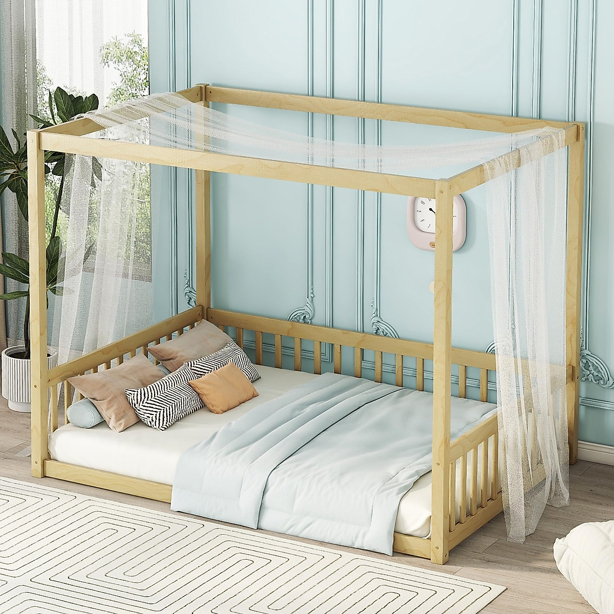 Full Size Canopy Bed Frame with Guardrails for Kids,Floor Bed Full with Four Poster Design,Kids Montessori Floor Bed,Wood Canopy Bed Frame for Girls,Boys(Full,Natural)