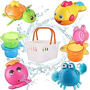 iPlay, iLearn Baby Bath Toys w/ Organizer, Water Squirting Octopus, Wind Up Swimming Turtle, Bathtub & Shower, Stacking Cups, Gift for 6, 9, 12, 18 Months 1, 2, 3 Years, Toddlers, Girls, Boys & Kids