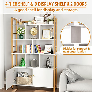Gold and White Bookshelf with Doors, 4 Tier 39.4in Wide Heavy Duty Bookshelves with Cabinet Storage, Large Book Shelf 64.2" H x 39.4" W x 11.8" D Office Shelving, Wood & Metal Bookcase Living Room