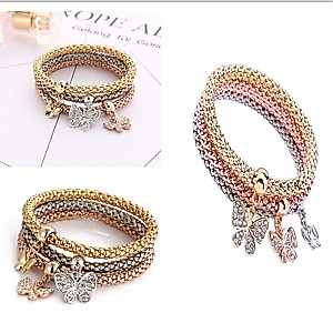 Corn Chain Bracelet, Crystal Multilayer Charms Stretch Bracelet, Butterfly Bracelet, 3PCS Gold/Silver/Rose Gold Corn Chain Bracelet for Women