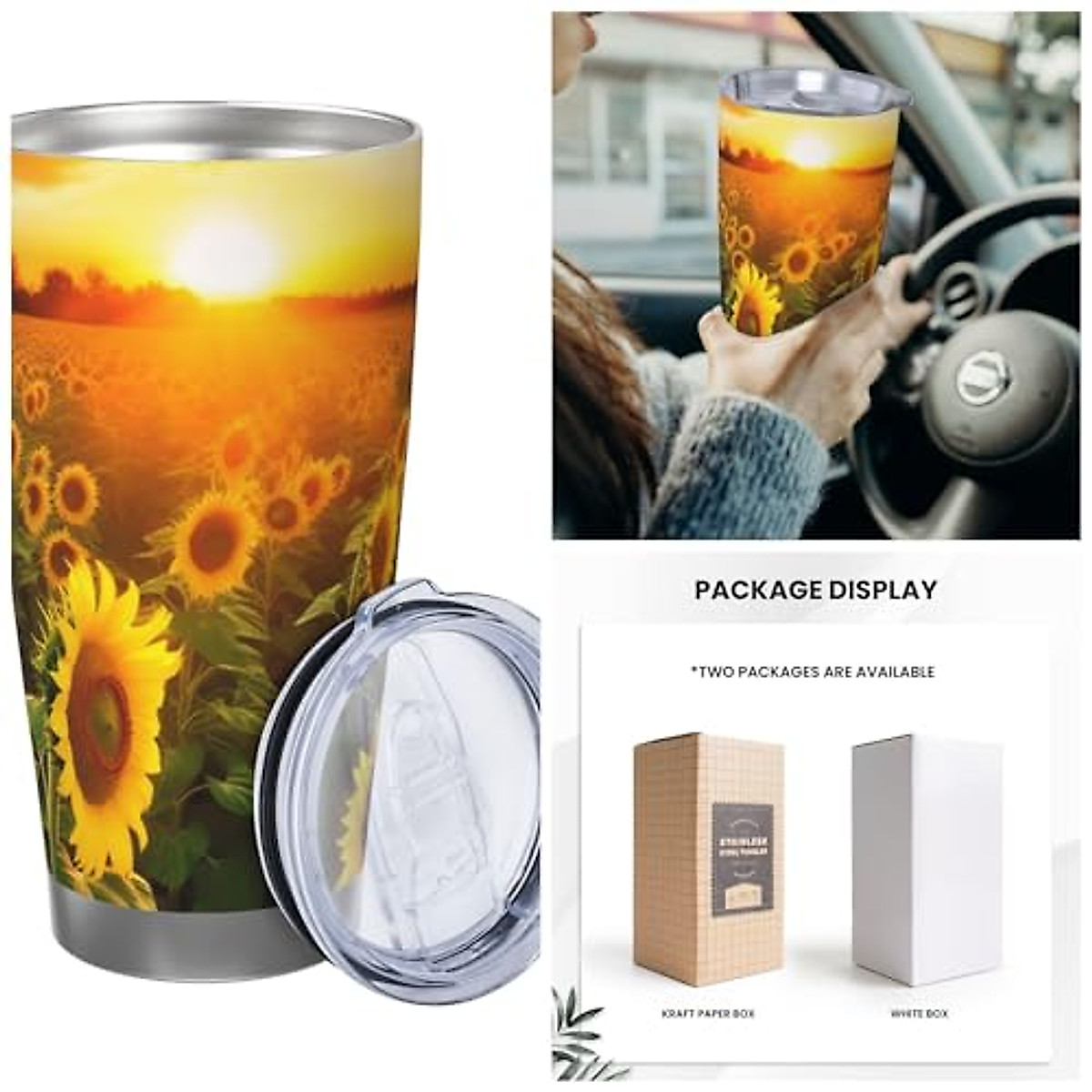 Sunflower Field Sunset Tumbler with Lid and Straw 20oz Stainless Steel Car Cup for Hot and Cold Drinks, Double Wall Insulated Travel Coffee Mug Reusable Drink Thermos Cup Birthday Gifts