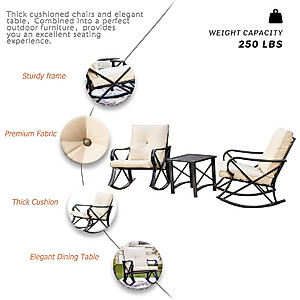 LOKATSE HOME 3-Piece Outdoor Patio Rocking Steel Furniture Bistro Set with 2 Rocker and 1 Metal Square Coffee Table(Khaki Thickened Cushion)