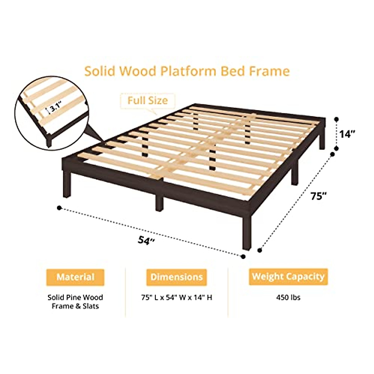 Naomi Home Lucia 14 Inch Solid Wood Platform Bed Full Bed Frame, Pine Wood Full Platform Bed Frame, No Squeak Bed Frame, Bed Frame Full Size, No Box Spring Needed, Sturdy Bed Frame - Espresso