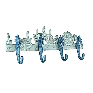 Zeckos Blue and White Cast Iron Seahorses Decorative Wall Hook Nautical Sea Life Hanging Towel or Coat Rack Beach Home Coastal Accent Decor 15.25 Inches Long