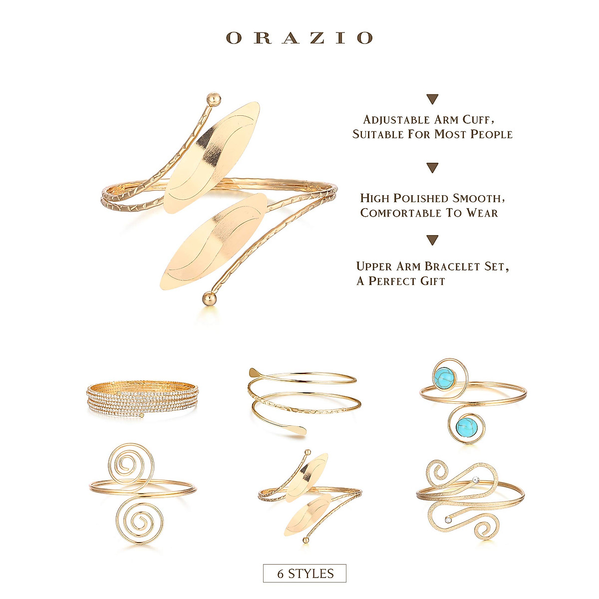 ORAZIO 6Pcs Coil Upper Arm Bracelet for Women Arm Cuff Open Armlets Armband Jewelry Minimalist Arm Bracelet Bangle Adjustable