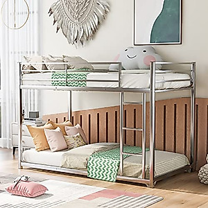 POCIYIHOME Twin Over Twin Steel Bunk Bed, Low Bunk Bed with Ladder & Slat Support & Full Length Guardrail for Kids,Teens Bedroom, Simple & Space-Saving, No Box Spring Needed, Silver