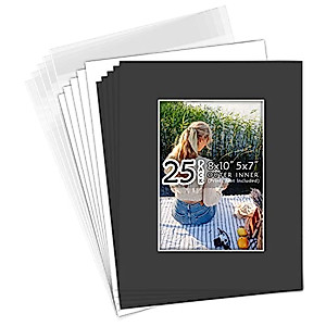 Golden State Art, Acid-Free Pre-Cut 8x10 Black Picture Mat Sets, Pack of 25, White Core Bevel Cut Mats for 5x7 Photos, 25 Backing Boards and 25 Crystal Clear Plastic Sleeves Bags