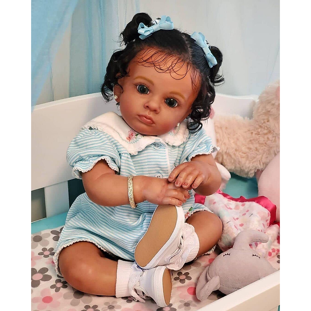KOKOMANDY Reborn Baby Dolls Black Girl 24 Inch Dark Brown Soft Silicone Realistic Toddler Baby Dolls Weighted Cloth Body Biracial African American Newborn Baby Doll Handmade Toy for Kids