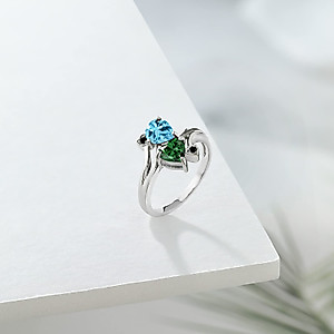 Gem Stone King 925 Sterling Silver Swiss Blue Topaz Green Nano Emerald and Black Diamond Ring For Women (1.66 Cttw, Heart Shape 6MM, Gemstone November Birthstone, Available In Size 5, 6, 7, 8, 9)