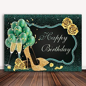 Bellimas Happy Birthday Backdrop Green and Black Women Birthday Party Banner High Heels Champagne Gold Rose Background Birthday Prom Party Supplies