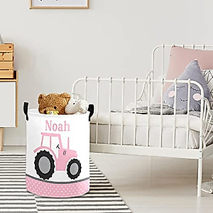 Personalized Laundry Basket Hamper,Farm Tractor Truck Pink Dots,Collapsible Storage Baskets with Handles for Kids Room,Clothes, Nursery Decor