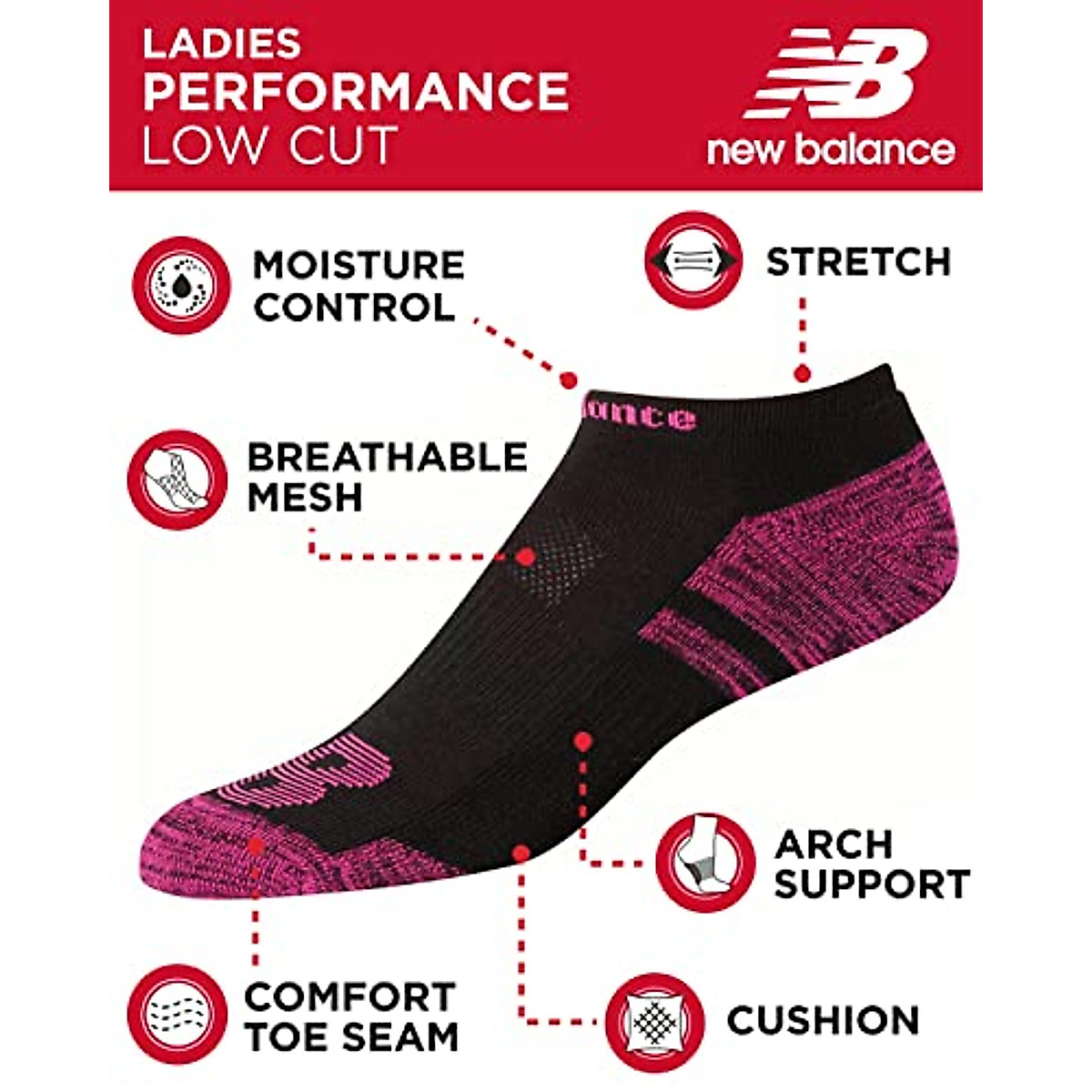 New Balance Women's Athletic Socks - Cushion Low Cut Ankle Socks (6 Pack), Size 4-10, White Assorted