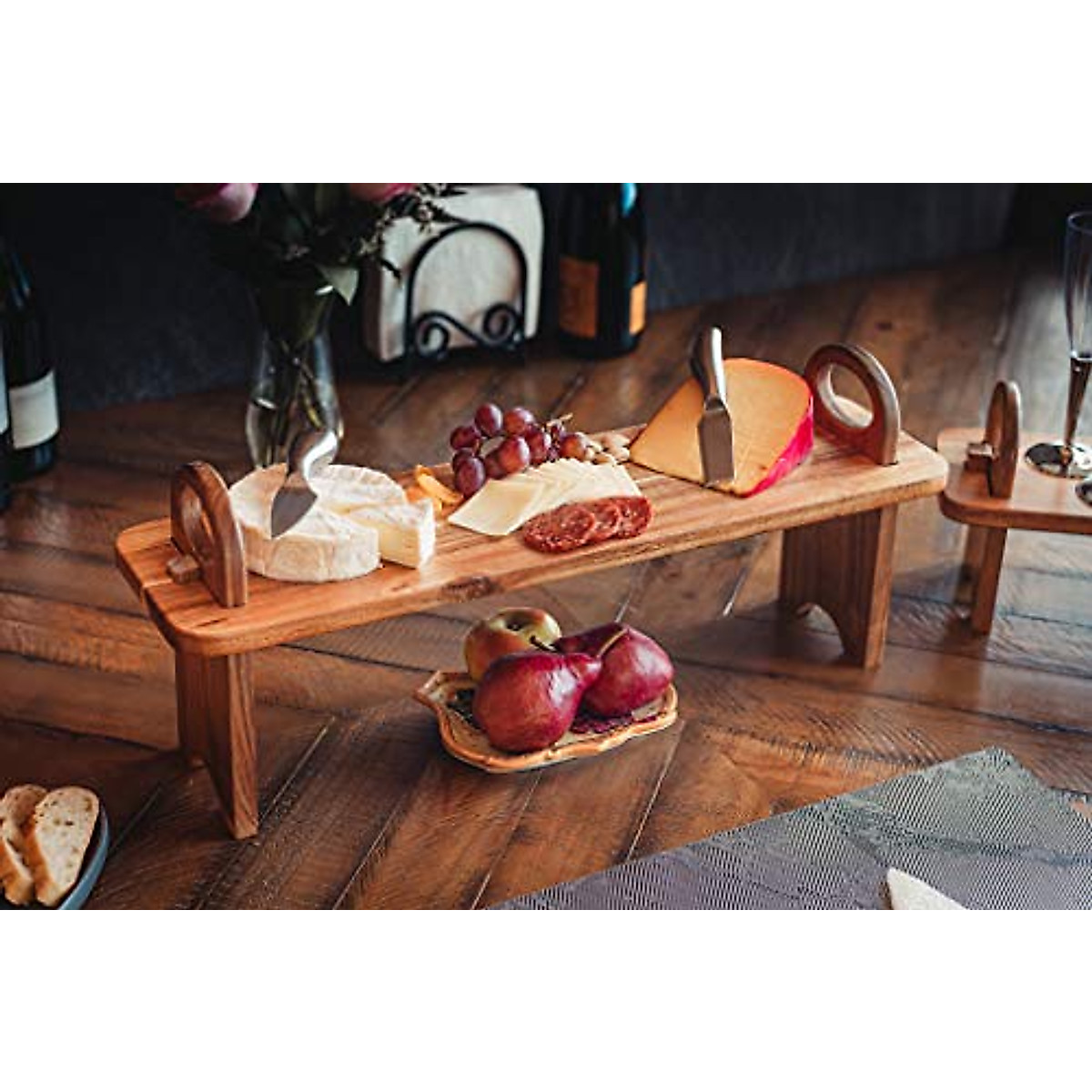SPEShh Acacia Wooden Serving Board on Stand – Raised Wood Serving Trays Platter – Elegant Home Kitchen Countertop Organizer Shelf & Large Charcuterie Tray for Cheese Party Food 21.5 X 6 x 8.7 inches