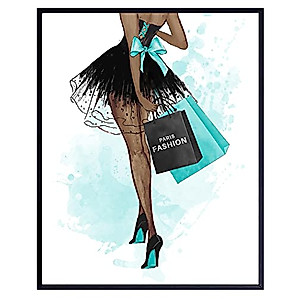 Light Blue Fashion Designer Wall Art - Black Woman, African American Women, Teens, Girls Bedroom - High Fashion Design Wall Decor - Glam Gifts for Latina, African American Woman - Black Culture