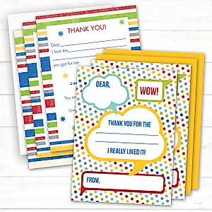 Dots and Stripes Kids Thank You Note Card Pack / 20 Fill In Childrens Colorful Thanks Cards With White Envelopes / 4 5/8" x 6 1/4" Kid Birthday Party Thank You