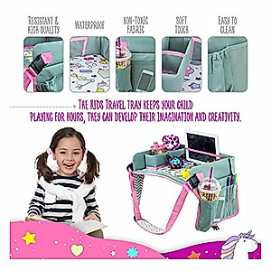 Thr33E Car Seat Kids Travel Tray - Travel Lap Desk Active Accessory for Child’s - Kids Tablet iPad Holder Stand Art Storage Pockets (Pink)