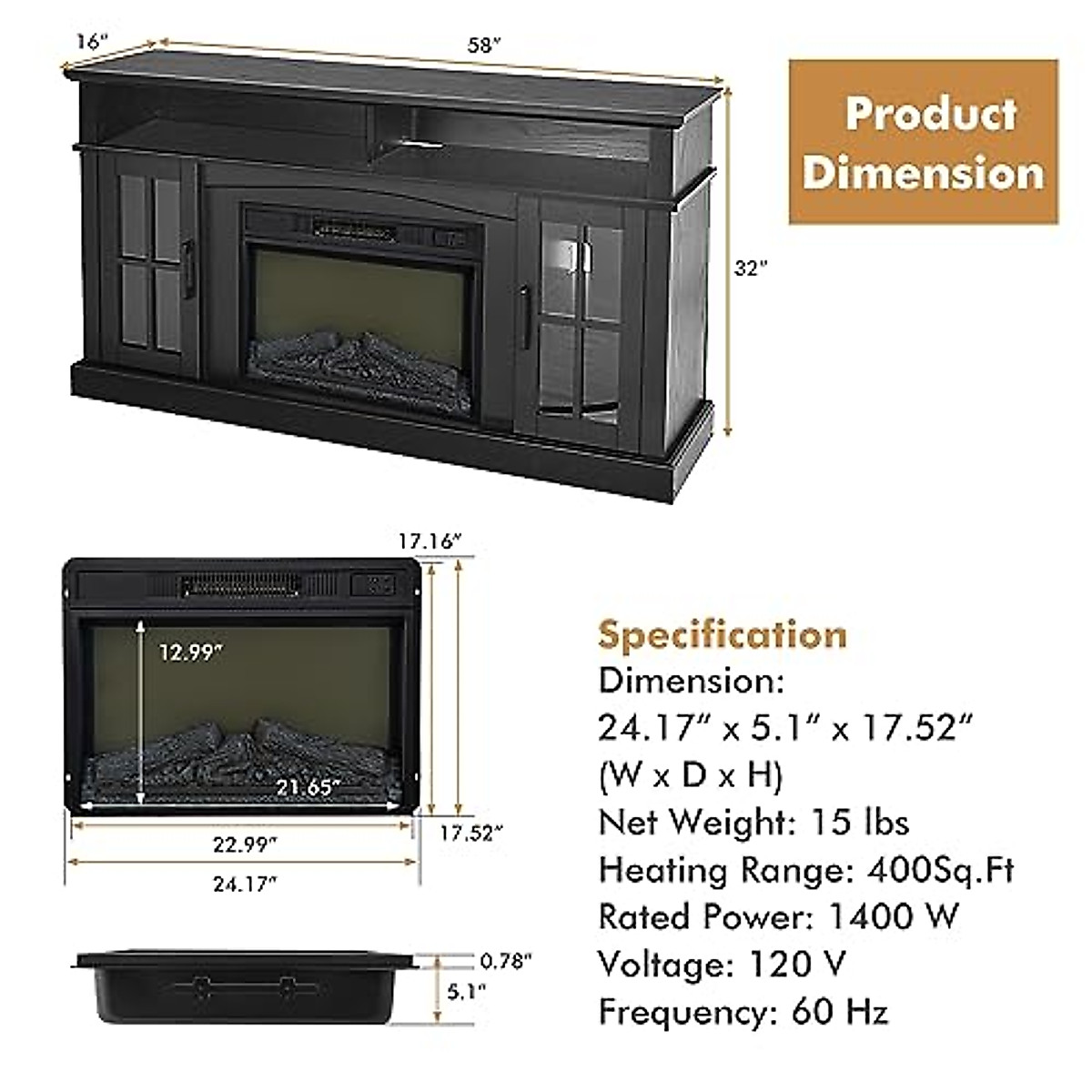 GOFLAME 58" TV Stand with Electric Fireplace Insert, Fireplace Entertainment Center with Side Cabinets & Adjustable Shelves, Overheat Protection, Remote Control & Timer for TVs up to 65 Inches (Black)