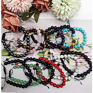 FINZOR 12Pcs 8mm Stone Beads Bracelets for Women Men Semi-precious Gemstone Crystal Beaded Bracelets Lava Rock Tiger Eye Amethyst Chakra Bracelets Unisex Adjustable