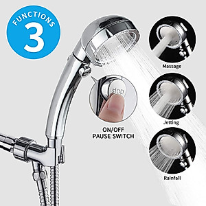 KAIYING Chrome High Pressure Handheld Shower Head with ON/OFF Pause Switch, 3 Spray Modes Shower Wand with Shut Off Button, Removable Camper Shower Head with Hose and Adjustable Angle Bracket