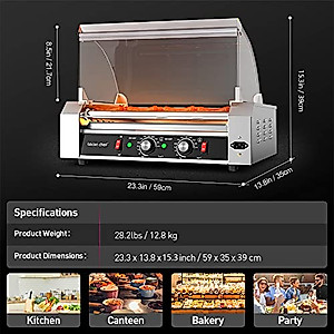 Leconchef Hot Dog Roller Machine Commercial Electric 7 Roller Grill Hot Dog Warmer Cooker Machine Stainless Steel with Dual Temp Control, Detachable Glass Cover & LED