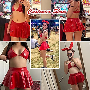 Avidlove Cosplay Lingerie for Women Sexy Bunny Costume Latex 4pack Ring Chain Linked Cut-out Halloween Outfit Set(Red,XL)