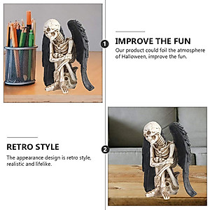 VOSAREA Resin Skeletons Statue Skull Collectible Figurine with Black Angle Wings Resin Figures Decoration for Home Shelves Porch Yard Garden Fireplace Mantle