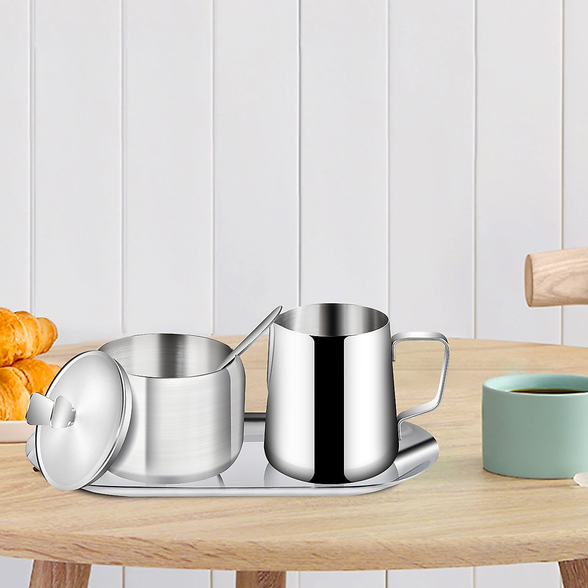 Worldity Stainless Steel Sugar and Creamer Set, Coffee Sets for Serving, Latte Milk Cup Cream Jug and Sugar Bowl with Lid Spoon Tray for Coffee Bar