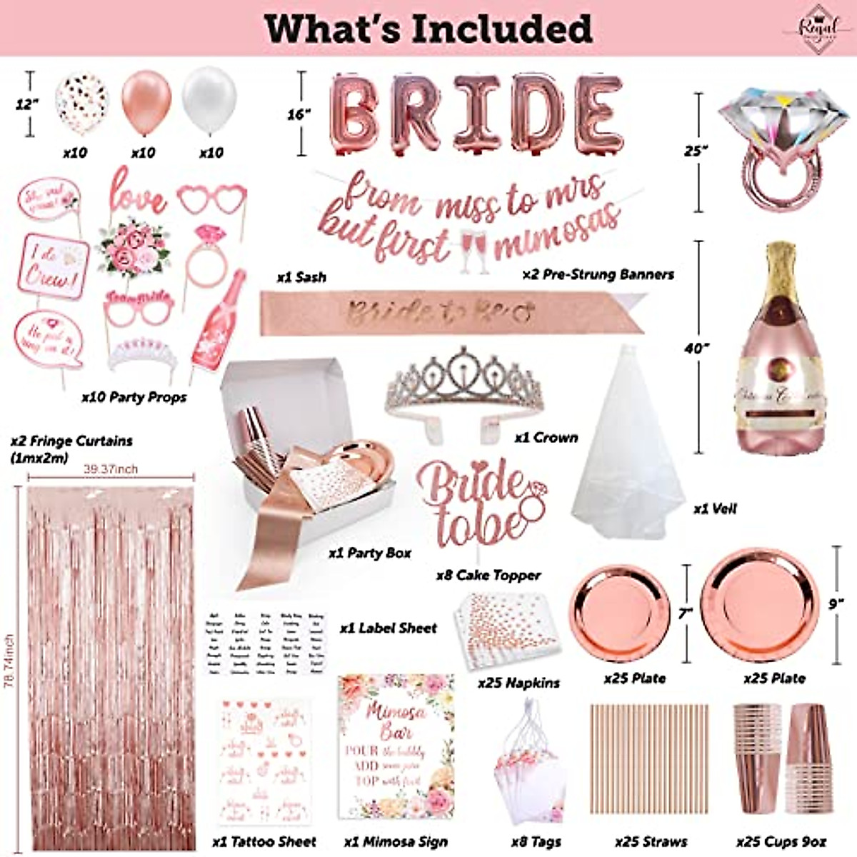 226 PC Bachelorette Party Decorations Kit- Rose Gold Bridal Shower Decorations, Banners, Curtains Mimosa Bar Supply Bride Balloons Sash Tiara Veil Topper Plates Cups Napkins Straws for 25 Guest & More