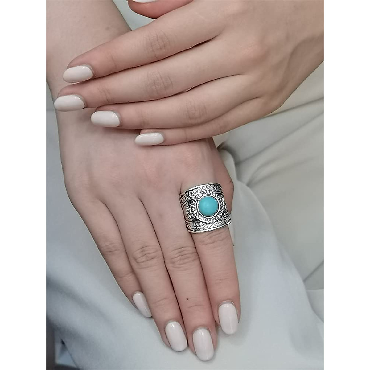 Dtja Vintage Boho Turquoise Wide Statement Ring for Women Girls Oxidized Silver Plated Big Open Band Wrap Adjustable Expandable Finger Rings Comfort Fit Fashion Bohemian Ethnic Exaggerated Jewelry