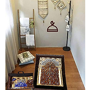 Eid Gift Premium Luxury Ultra-Soft Prayer Rug Seccade Sajjada Soft for Knees Ankles Prayer Carpet Mat with Non-Slip underlayment Free Bag + Free Prayer Beads Tasbih Rug Size 47"x31" (Brown)