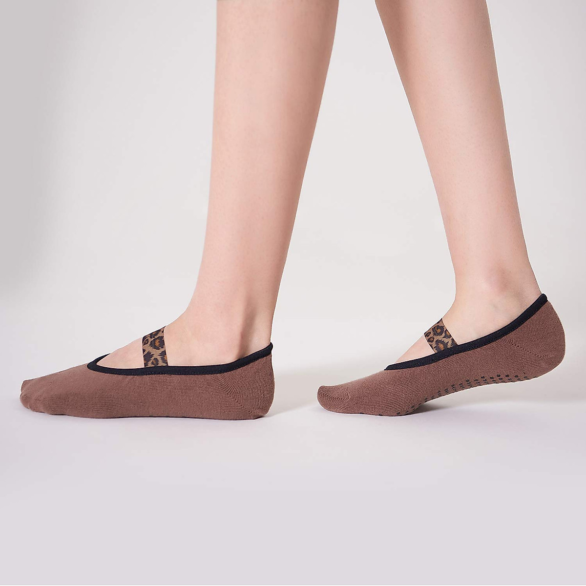 Aprilaugust Yoga Socks with Non Slip Grips & Leopard Strap, Perfect for Pilates, Barre, Ballet (Brown leopard strap (1pair), Medium)