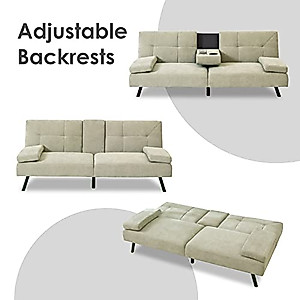 Vyfipt Convertible Futon Sofa Bed,Modern Armrests Sleeper Couch Daybed with 2 Cup Holders,Folding Sofa for Studio Living Room, Apartment, Office,Lounge,Sage Gray