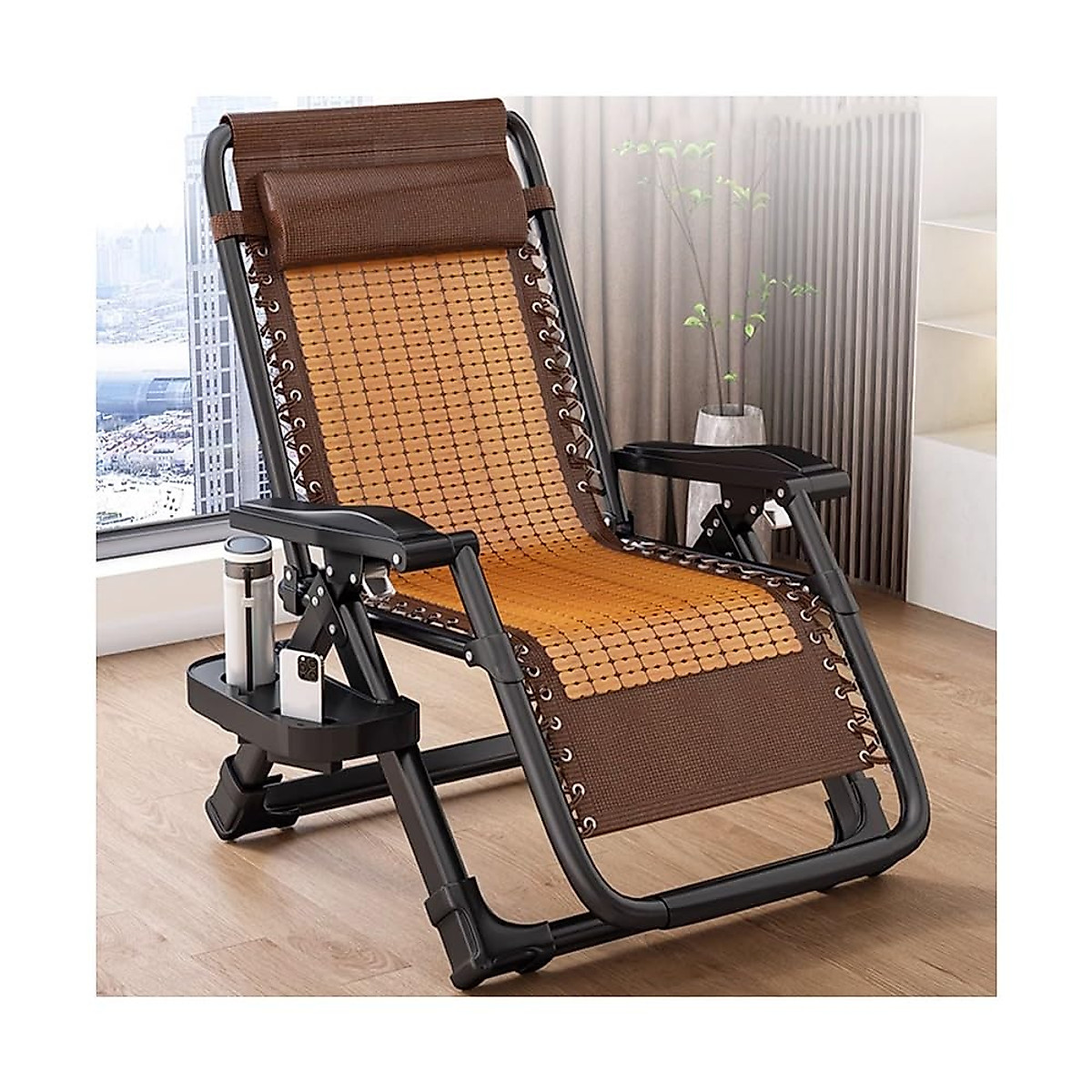 Zero Gravity Reclining Chair Folding Sun Lounge Chair Bamboo with Adjustable Backrest and Pillow & Cup Holder, Outdoor Portable Leisure Deck Chair for Garden Patio Backyard Beach