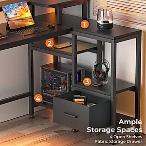 GreenForest L Shaped Desk with Drawers and Power Outlet, 51 inch Computer Gaming Desk with Monitor Stand and 4 Tier Storage Shelves, Printer Stand and Hooks for Work and Study, Black