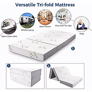 Inofia Folding Mattress, 6 Inch Trifold Memory Foam Mattress with Ultra Soft Bamboo Cover, Non-Slip Bottom & Breathable Mesh Sides, Foldable & Portable - Single Size (75" x 25" x 6")