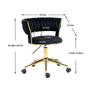 NIOIIKIT Velvet Office Desk Chair with Hand Woven Backrest, 360° Swivel & Height Adjustable Task Chairs, Makeup Chair, Living Room Chairs with Stainless Base and 5 Wheels (Black)