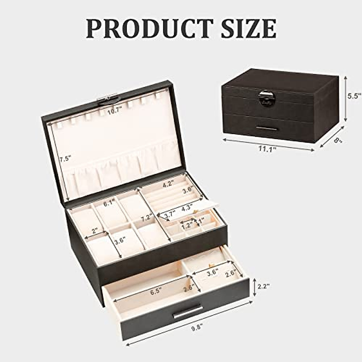 BareTulip Jewelry Organizer Mens Jewelry Box with 2 layers storage Watch Sunglass necklace Ring Bracelet Large Jewelry Box for Women Grey
