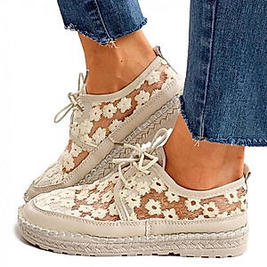 Hbeylia Platform Espadrilles Fashion Sneakers for Women Girls Flower Embroidered Lace Breathable Lace Up Low Top Play Sneakers Canvas Shoes Casual Leather Slip On Walking Shoes Loafers