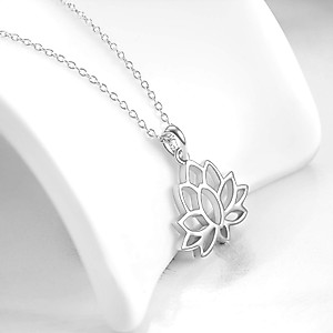 YFN Sterling Silver Open Lotus Flower Pendant Necklace Women Yoga Necklace for Women (Silver)