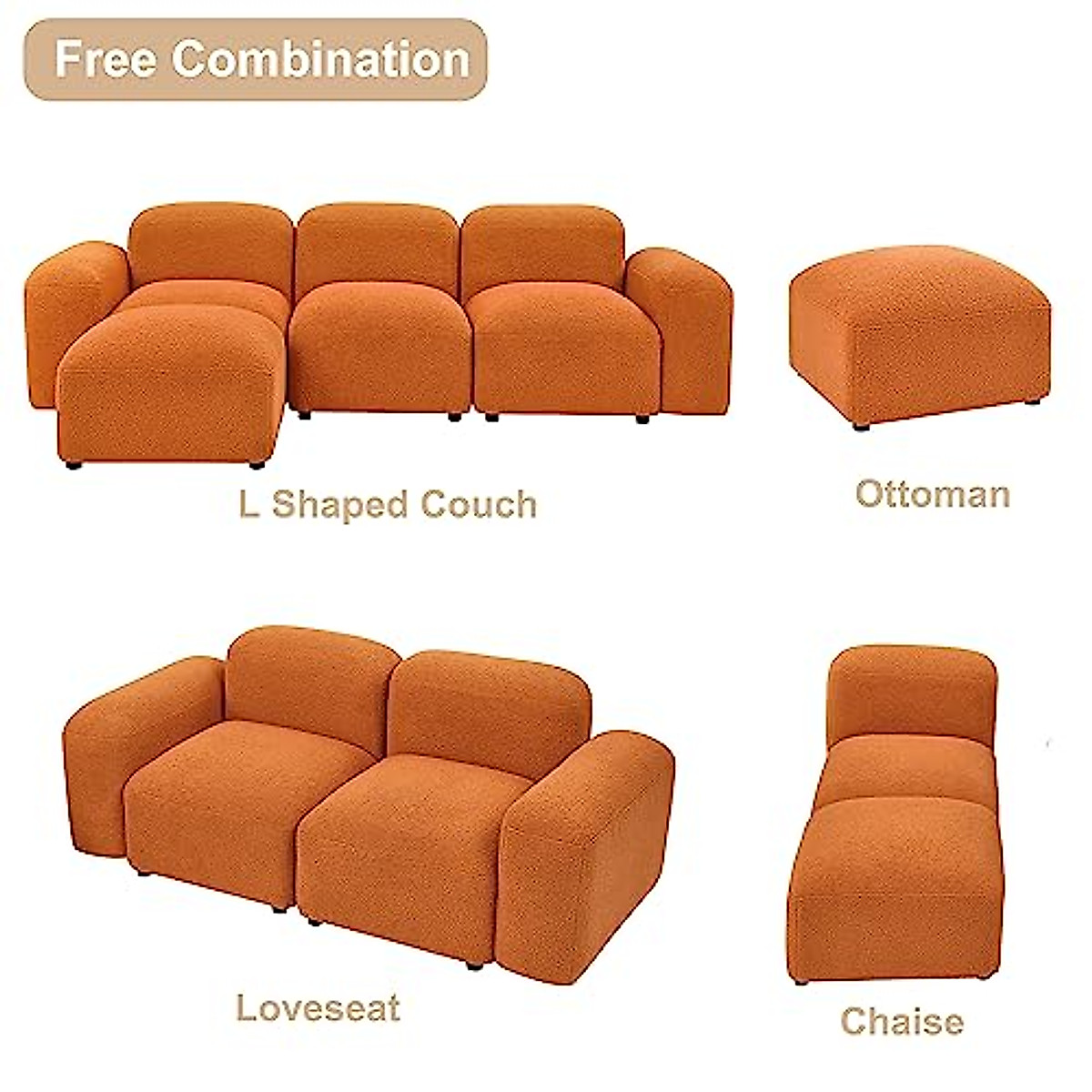 Tmsan Modular Sectional Sofa, Convertible L Shaped Couch, 94.5" Cloud Couches for Living Room Set, Teddy Fabric, Orange