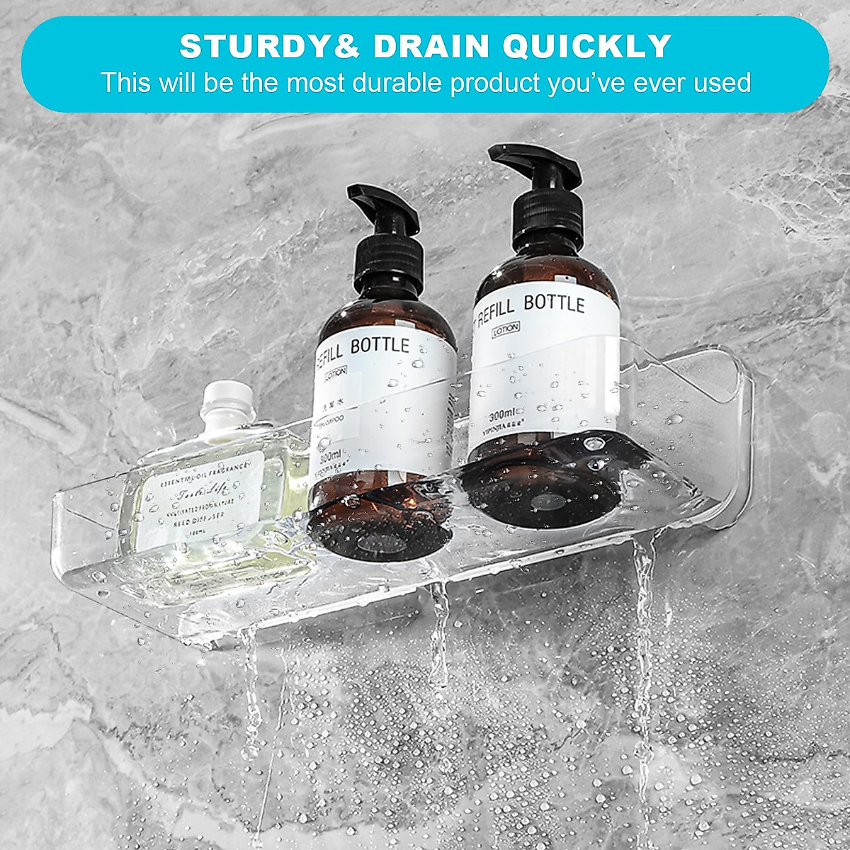 CGBE 2-Pack Acrylic Shower Shelves, Large Capacity Adhesive Shower Shelf, No Drilling Adhesive Bathroom Shelf with Drain Holes,Clear Wall Mount Organizer for Bathroom Storage