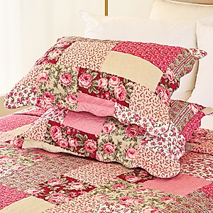 Cmfshape Summer Floral Queen Quilted Bedspread,Romantic Pink Quilt Set Full,Reversible Stitched Bedding Set All Season,Soft Lightweight Coverlet with Pillow Cases (Hot pink&Rose, Queen90 x90)