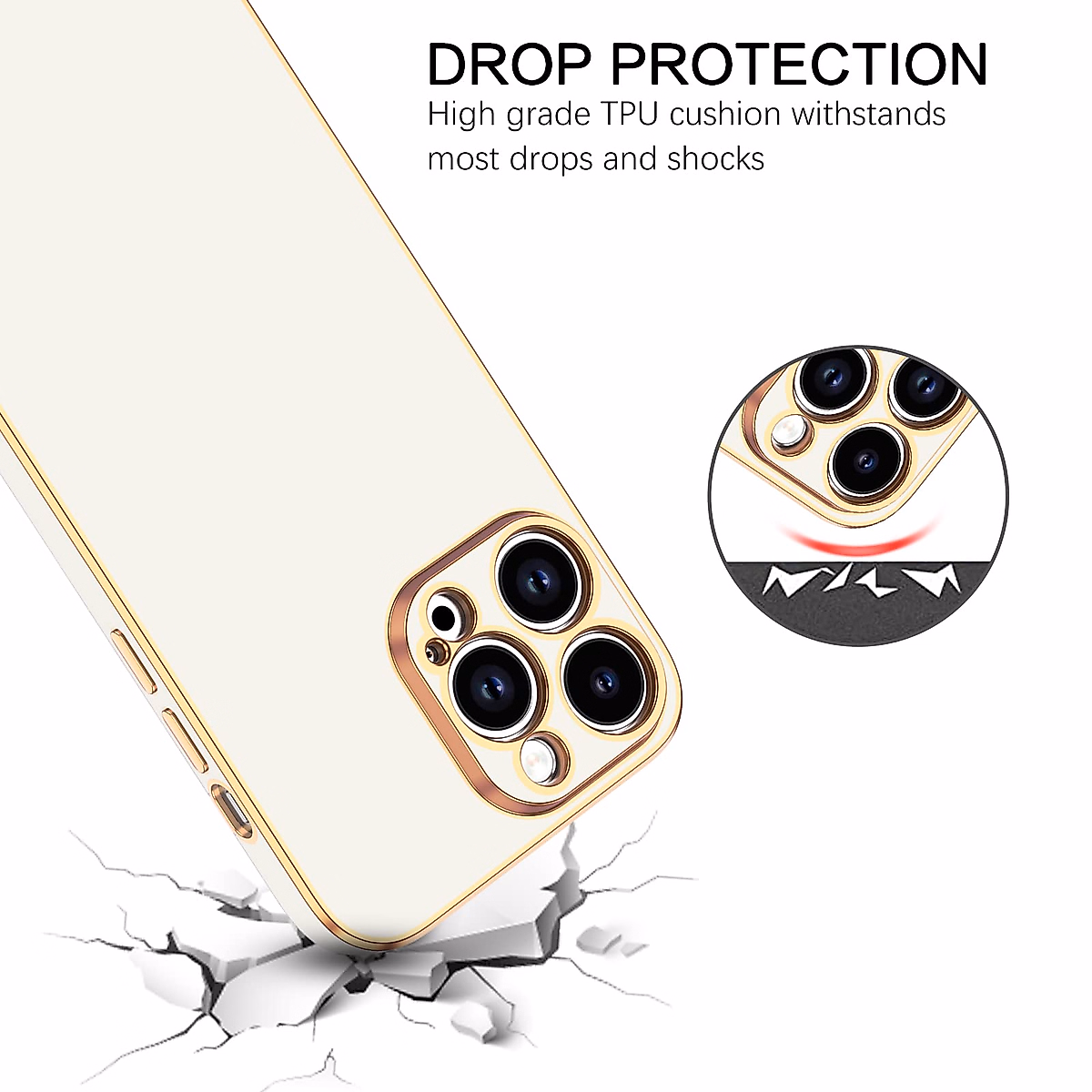 BENTOBEN Compatible with iPhone 14 Pro Max Case, Slim Luxury Electroplated Bumper Women Men Girl Protective Soft Case Cover with Strap for iPhone 14 Pro Max 6.7 inch,White/Gold