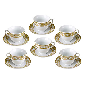 Euro Porcelain 12-Pc. 'Golden Greek Key' Tea Cup Coffee Set, Premium Bone China, 24K Gold-Plated, Complete Service for 6